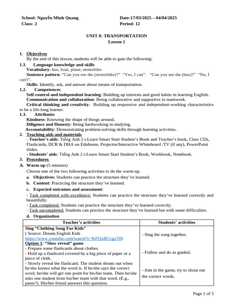 Lesson Plan: Transportation Unit 8 | PDF | Learning | Cognitive Science