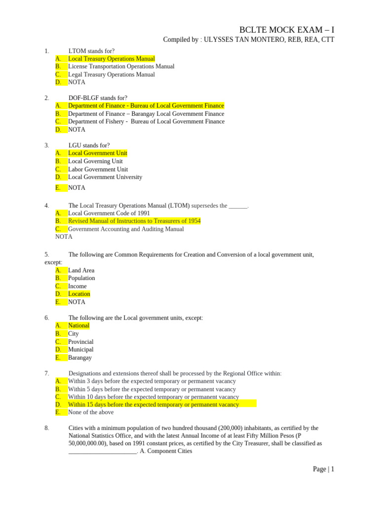 BCLTE Mock Exam: Local Government Finance | PDF | Property Tax | Taxes