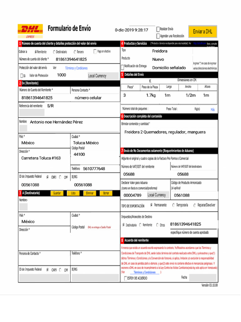 Formato de Envío de Paquetería DHL | PDF