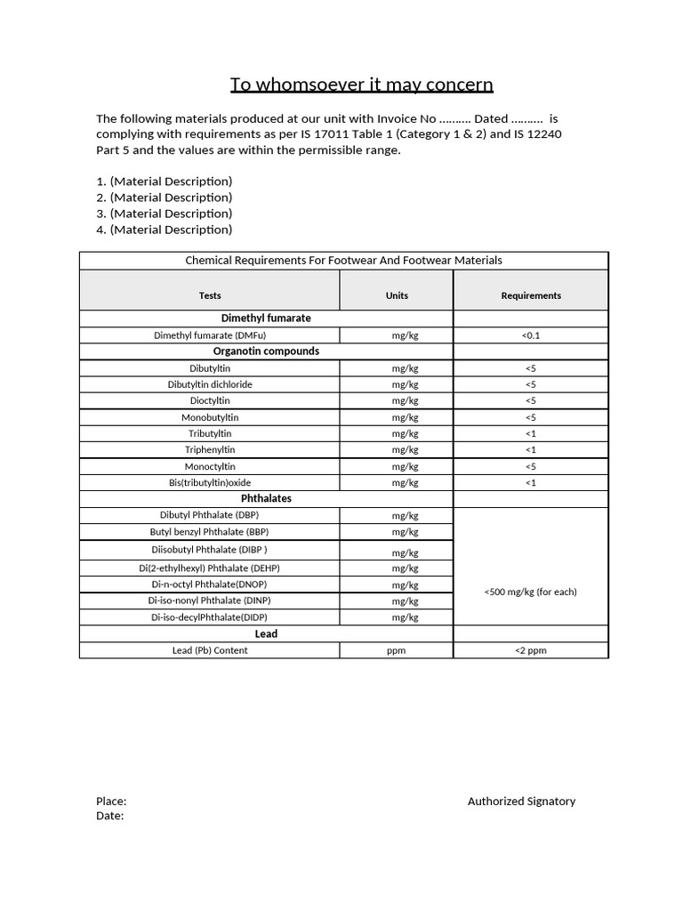 Declaration - Chemicals As Per Is 17011 PVC, BUCP, Chemicals | PDF