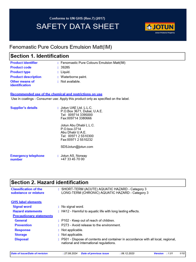 Jotun Fenomastic Emulsion Safety Data | PDF | Toxicity | Hazards