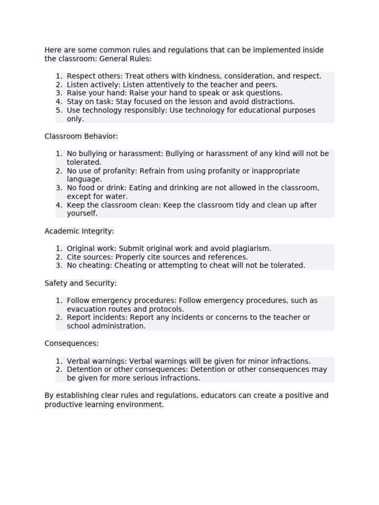 Rules and Regulation in The Classroom | PDF