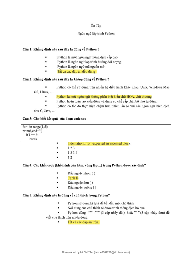 ÔN THI TỦ PYTHON TRẮC NGHIỆM | PDF