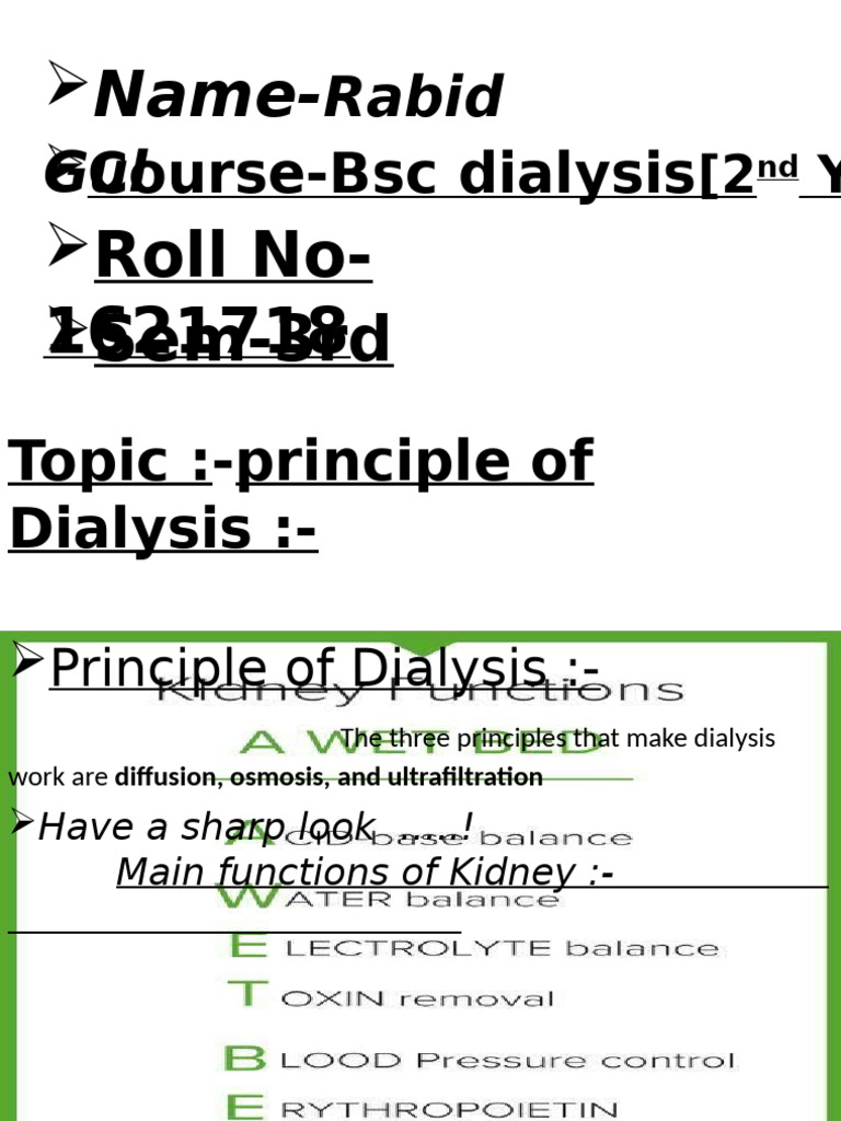 Principles of Dialysis: Diffusion & Osmosis | PDF | Diffusion | Membrane