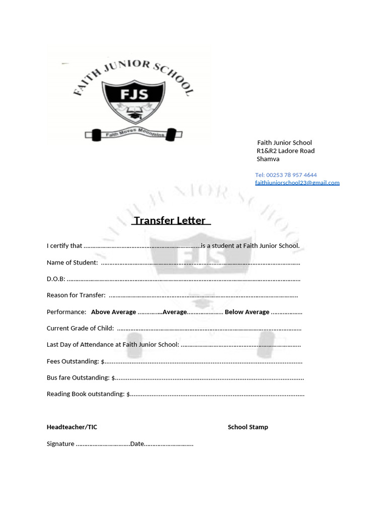 Faith Junior School Transfer Letter | PDF