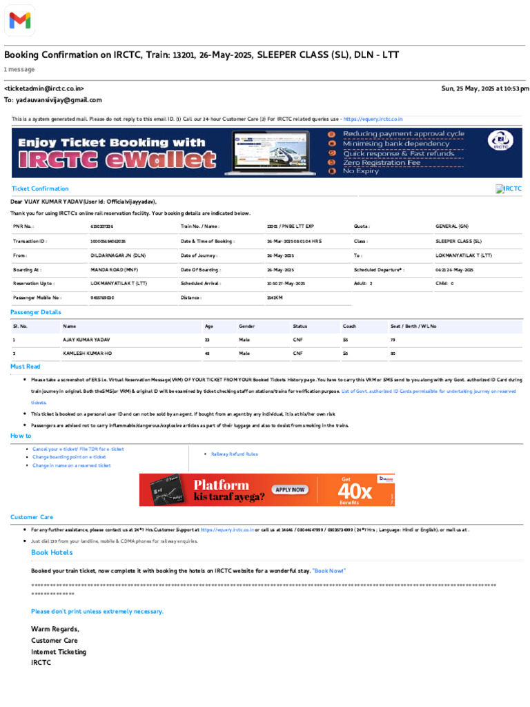 Gmail - Booking Confirmation On Irctc, Train - 13201, 26-May-2025, Sleeper Class (SL), DLN - LTT ...