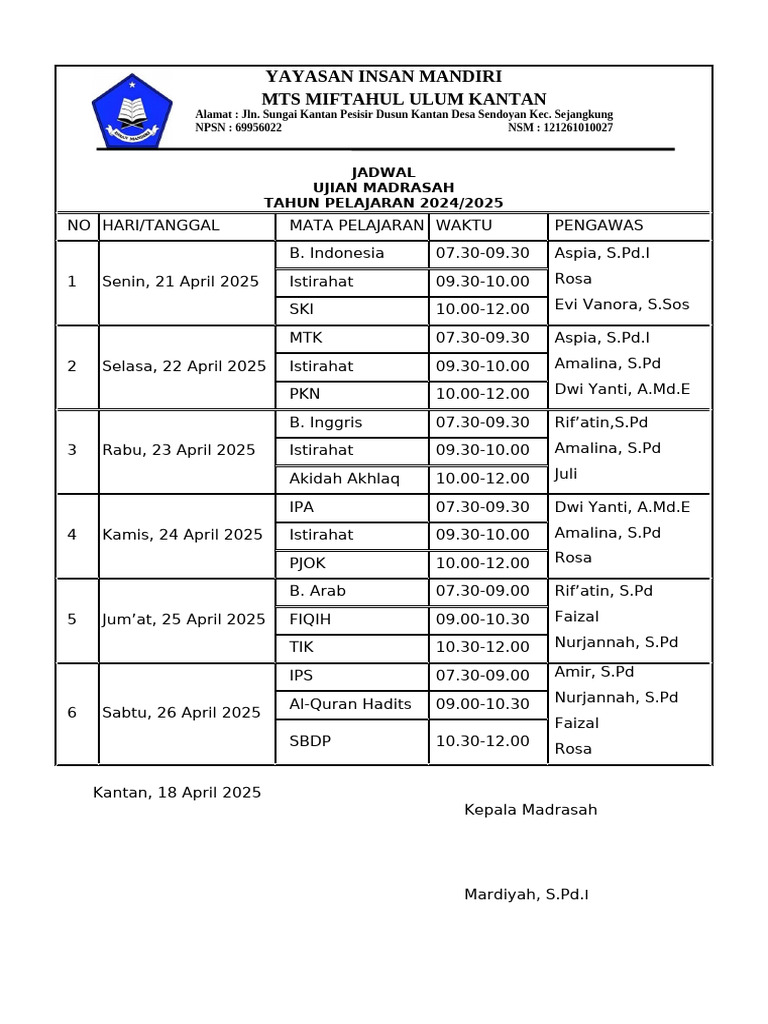 Jadwal Ujian MTS 2025 | PDF