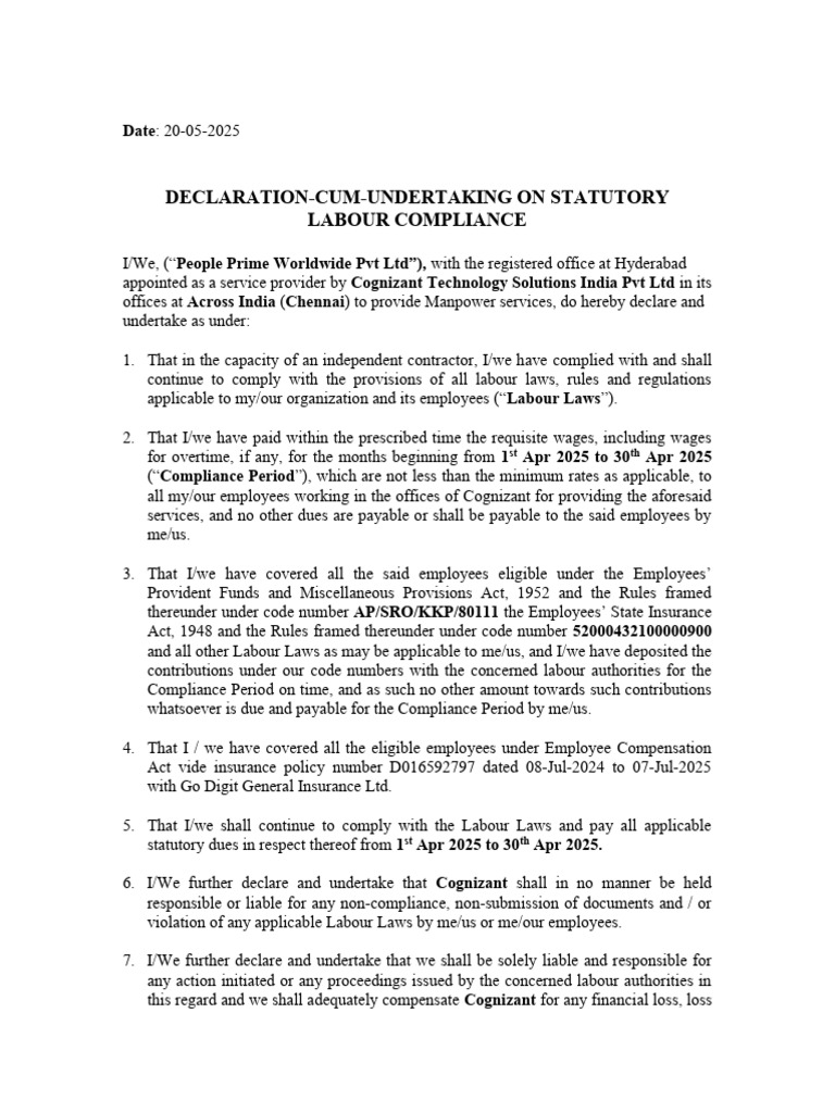 Declaration Indemnity - Sohel Shaikh | PDF | Legal Liability | Labour Law