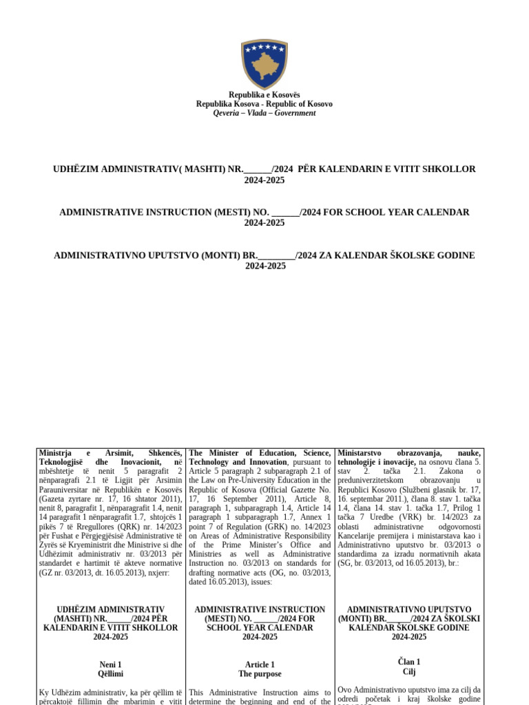 Ua Kalendari I Vitit Shkollor 2024 2025 | PDF