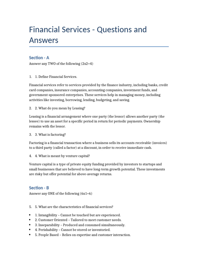 Financial Services QA Summary | PDF | Investing | Factoring (Finance)
