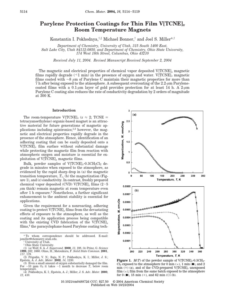 Parylene Protection Coatings For Thin Film V (TCNE) X Room Temperature ...