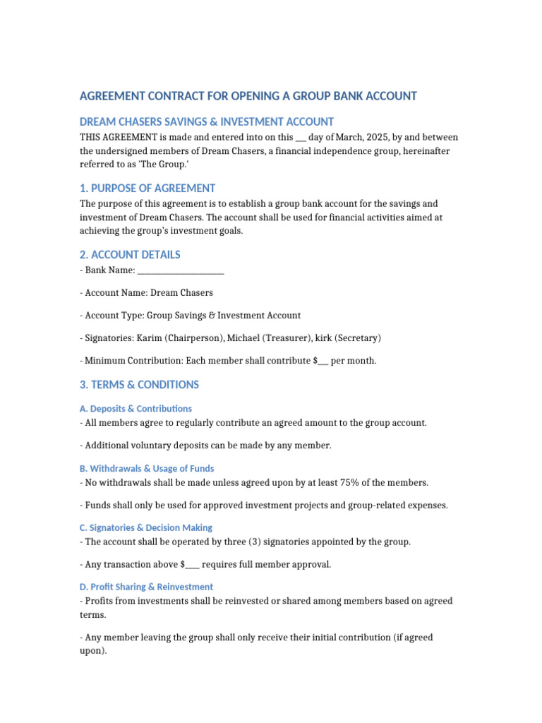 Group Bank Account Agreement Template | PDF