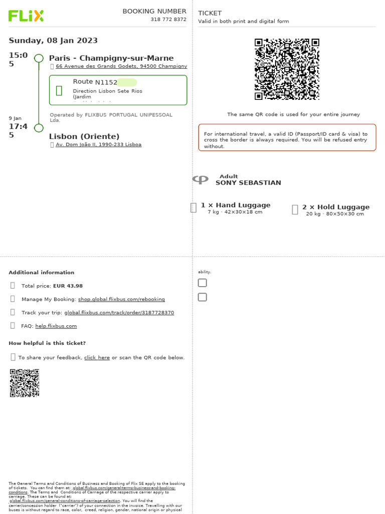 Ticket-Paris-Lisbon-sony Sebastian | PDF | Government And Personhood