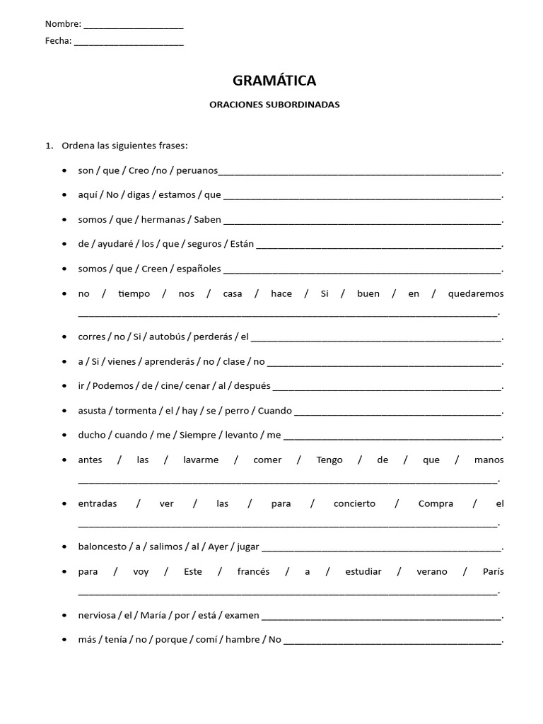 Prueba de gramática oraciones subordinadas | PDF