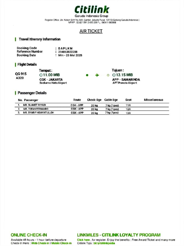 Ticket Booking Citilink | PDF