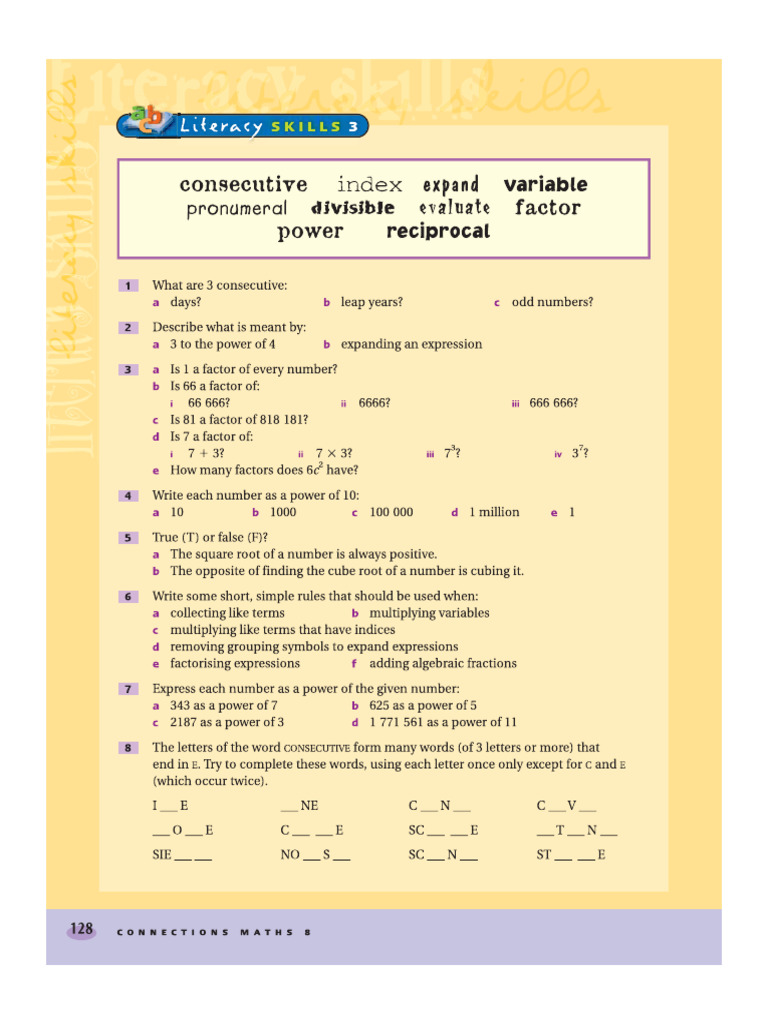 Literacy Activity - Algebra (Connections CHPT 3) | PDF