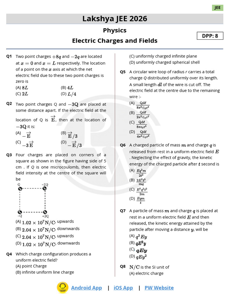 Lakshya JEE 2026: Physics Electric Charges and Fields | PDF | Electric Field | Theoretical Physics