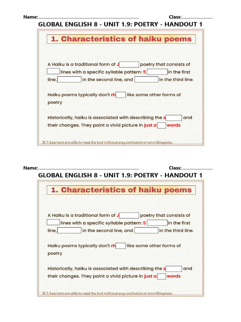 Lesson 1.10. Poetry - Handout 1+2 | PDF