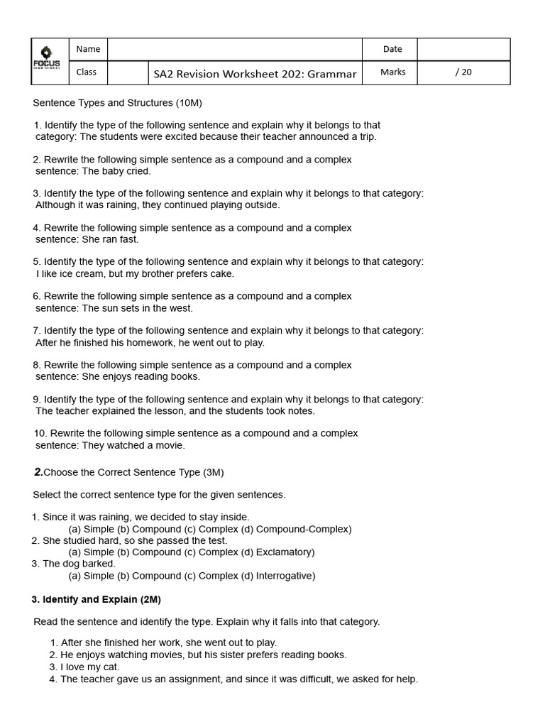 Grammar Sentence Types Worksheet | PDF