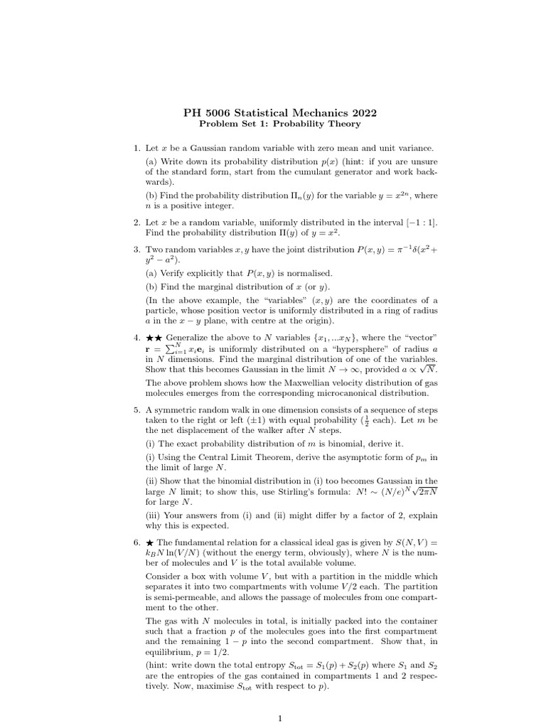 PH 5006 Statistical Mechanics 2022 Problem Set 1: Probability Theory | PDF | Normal Distribution ...