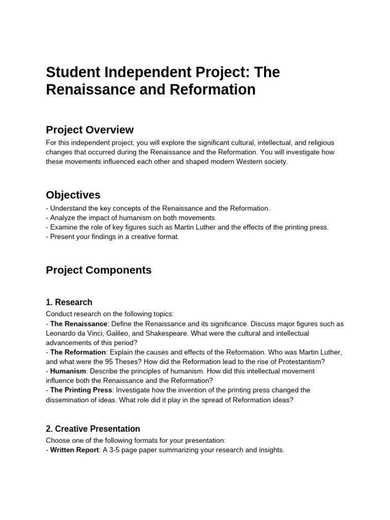 Renaissance and Reformation Project Guide | PDF | Renaissance | Humanism