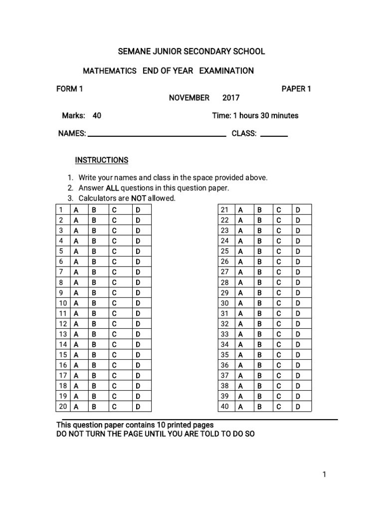 MATHEMATICS Form 1 Paper 1 End of Year 2017 | PDF | Triangle ...