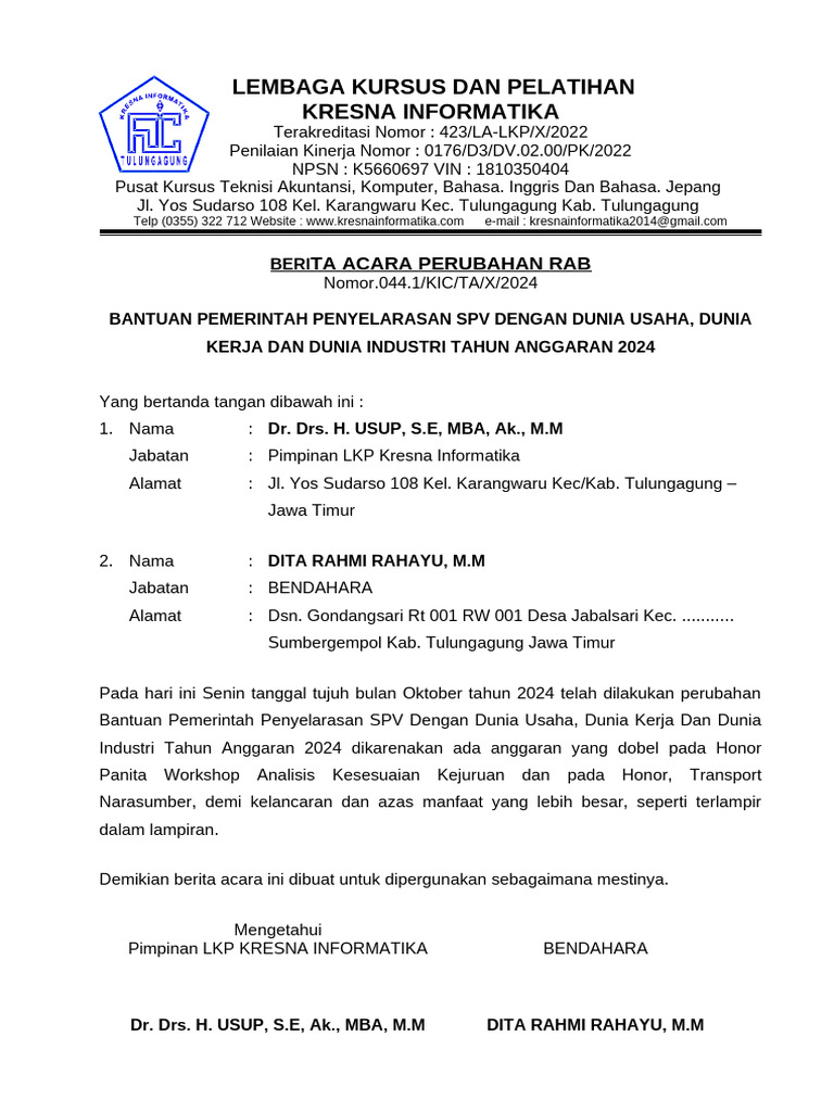 Berita Acara Perubahan Rab | PDF