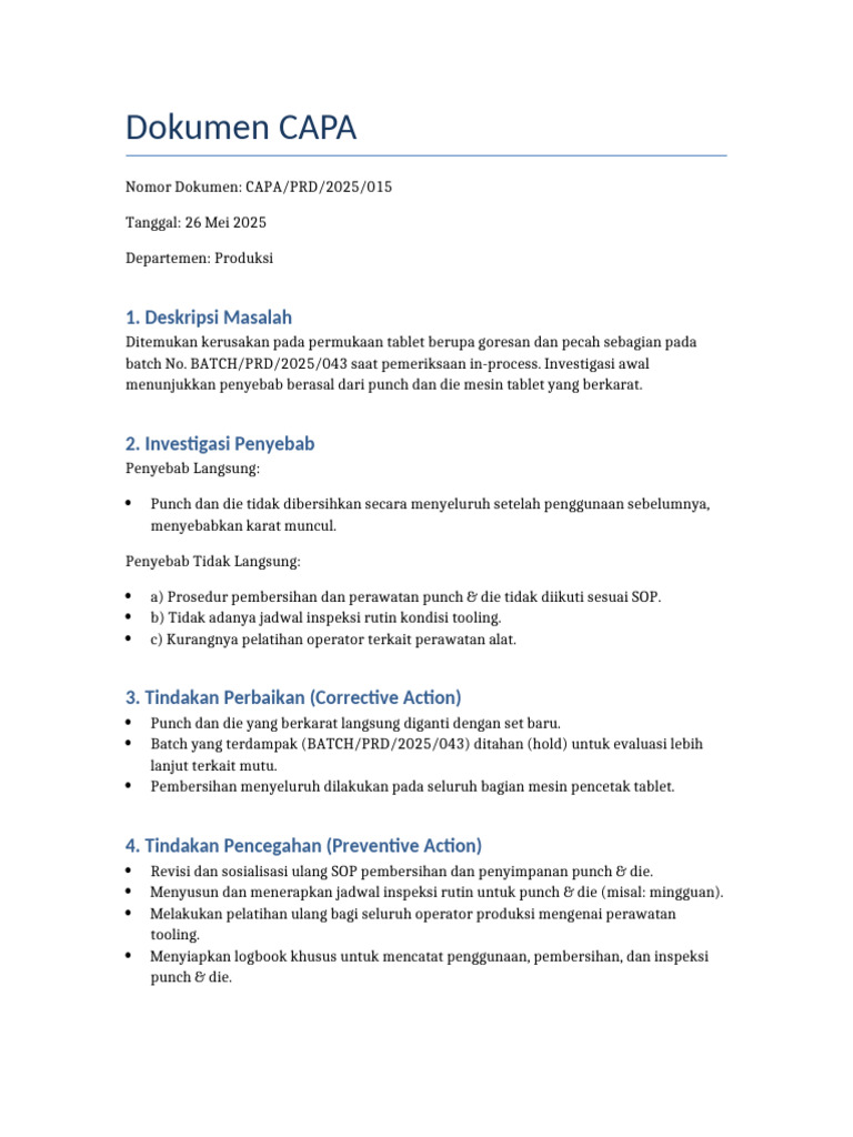 CAPA Kerusakan Tablet Produksi 2025 | PDF
