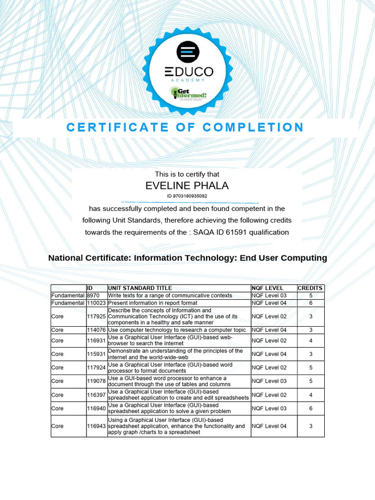 Eveline Phala Certificate | PDF | Spreadsheet | Graphical User Interfaces