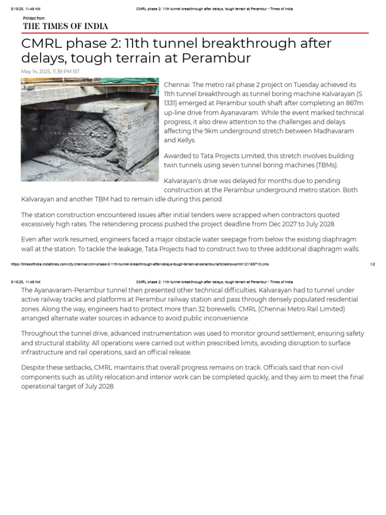 CMRL Phase 2 - 11th Tunnel Breakthrough After Delays, Tough Terrain at ...