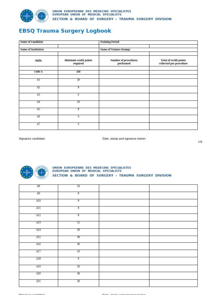 EBSQ Trauma Surgery Logbook Template | PDF | Chess Openings | Chess Theory