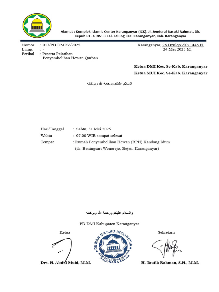 SURAT UNDANGAN DMI - PESERTA PELATIHAN PENYEMBELIHAN | PDF