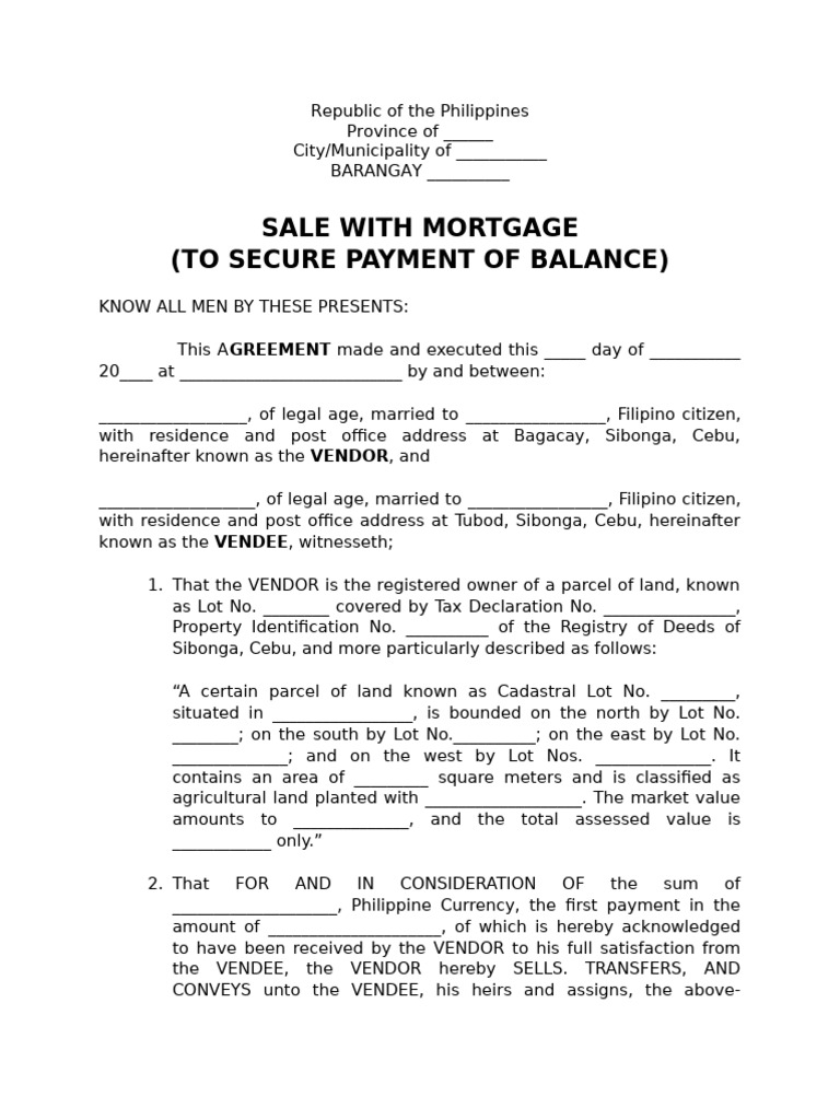 Sale with Mortgage Agreement Template | PDF | Land Lot | Mortgages