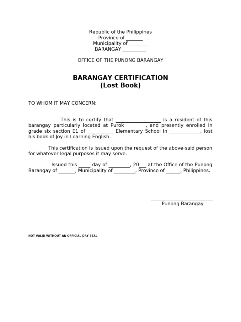 Barangay Certification - Lost Book | PDF