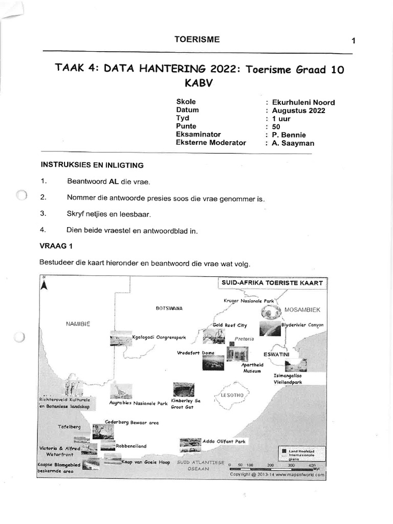 Graad 10 - Toerisme - Kwartaal 2 Vraestel | PDF