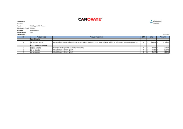 Canovate Quotation For MobiEgypt 4x42u IT Racks - 210525 | PDF