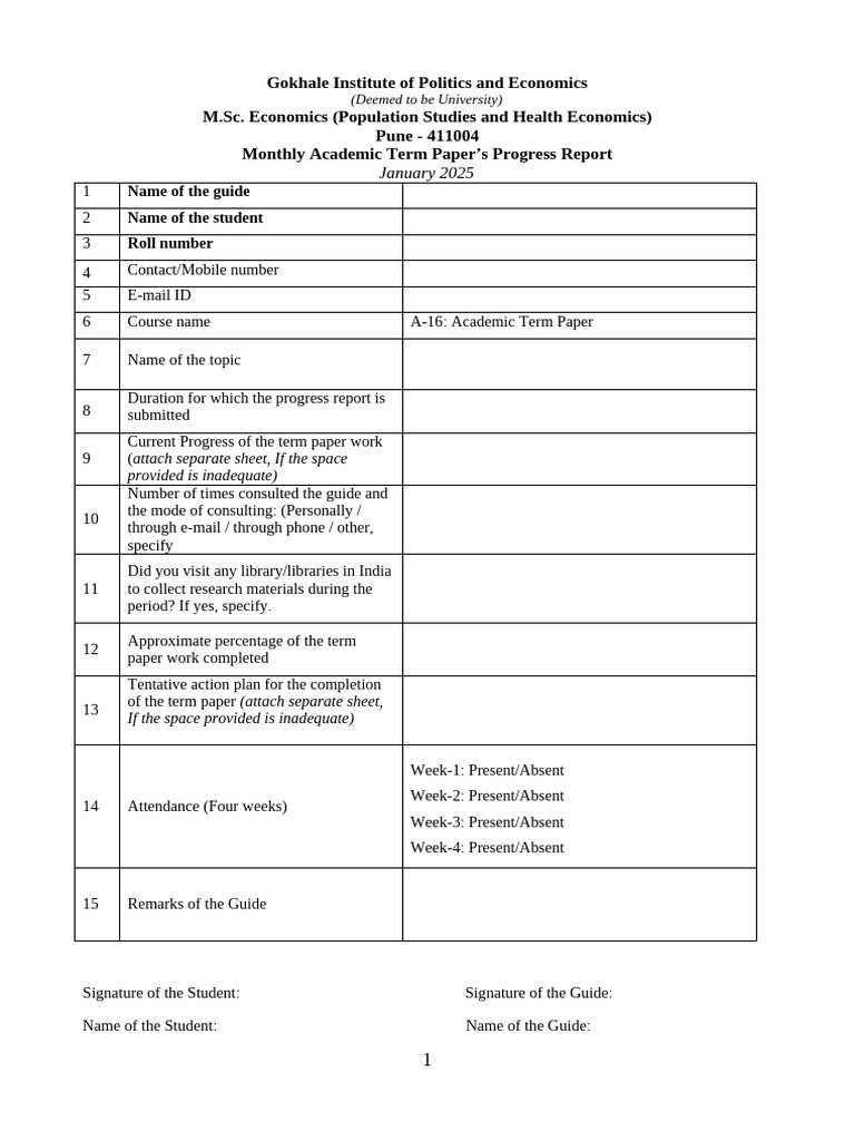Term Paper January Monthly Progress Report 2023-25 | PDF
