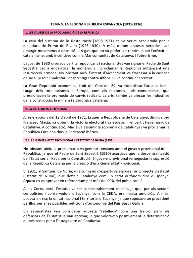 Tema 5. La Segona República Espanyola (1931-1936) | PDF