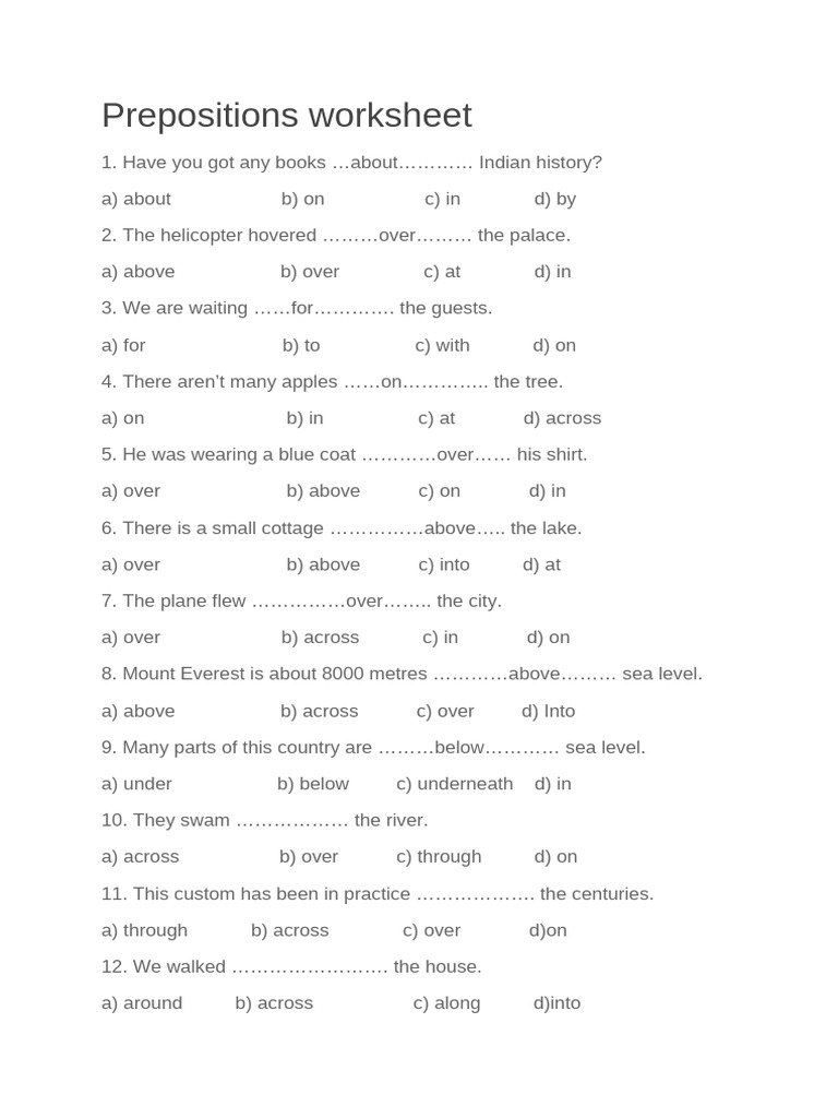 Class 7 Prepositions Worksheet with Answers | PDF | Morphology | Languages