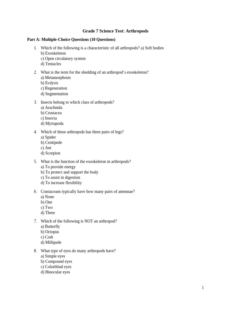 Grade 7 Science Test - Arthropods | PDF | Insects | Spider
