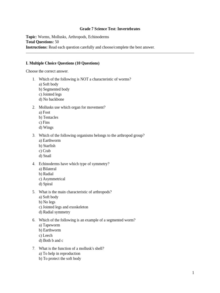 Grade 7 Science Test - Invertebrate | PDF | Mollusca | Invertebrate