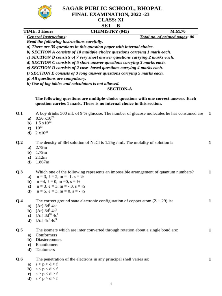 Class XI Chemistry Final Exam 2022-23 | PDF | Entropy | Chemical Reactions