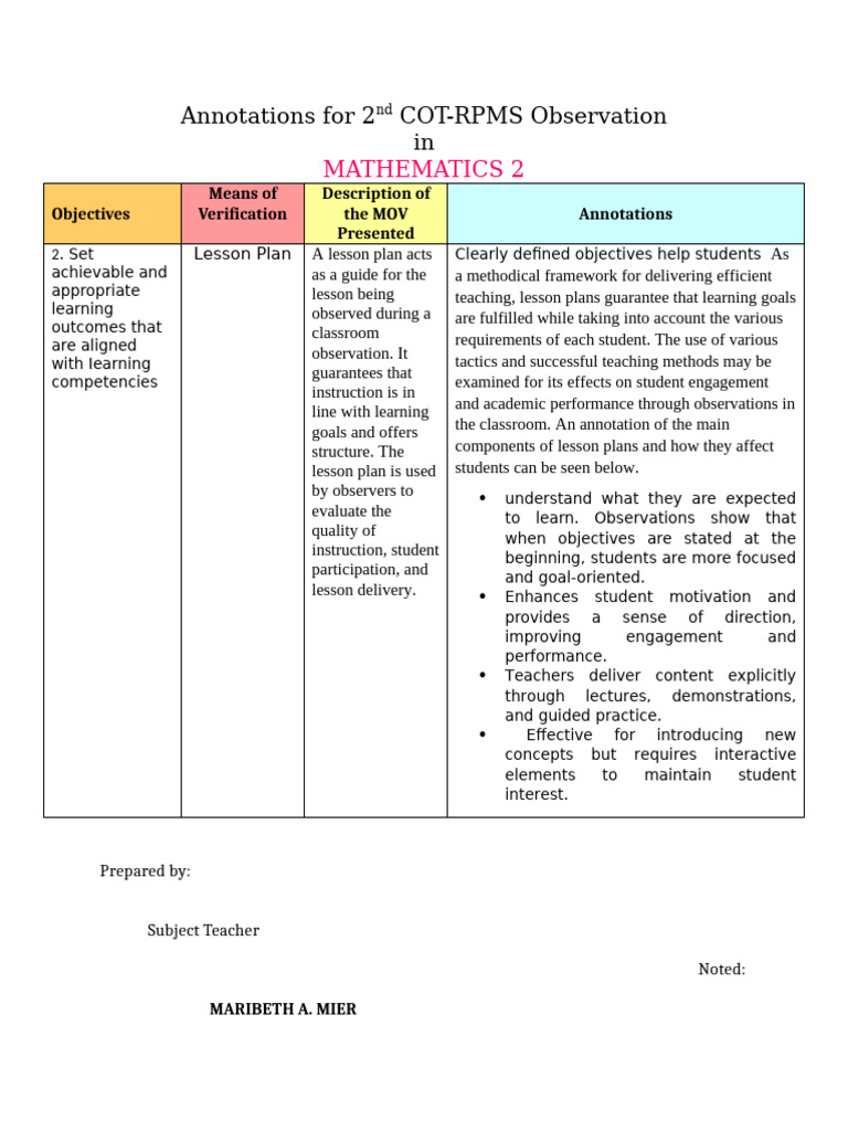 2ND Indicator Annotation | PDF | Lesson Plan | Teachers