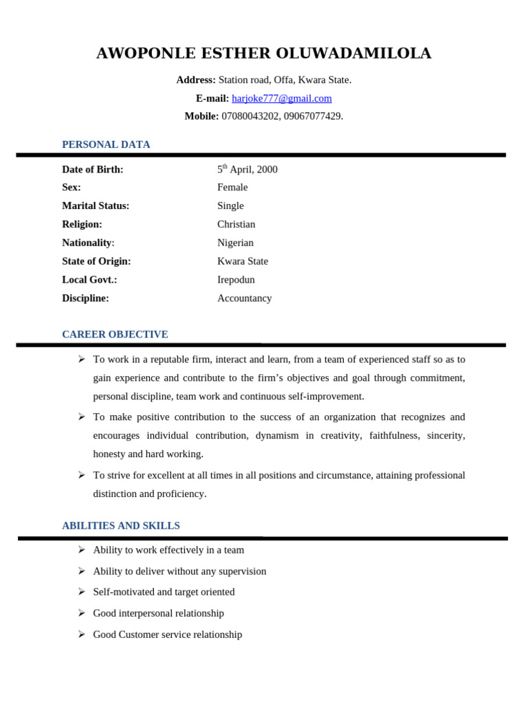 Awoponle Esther Oluwadamilola CV | PDF