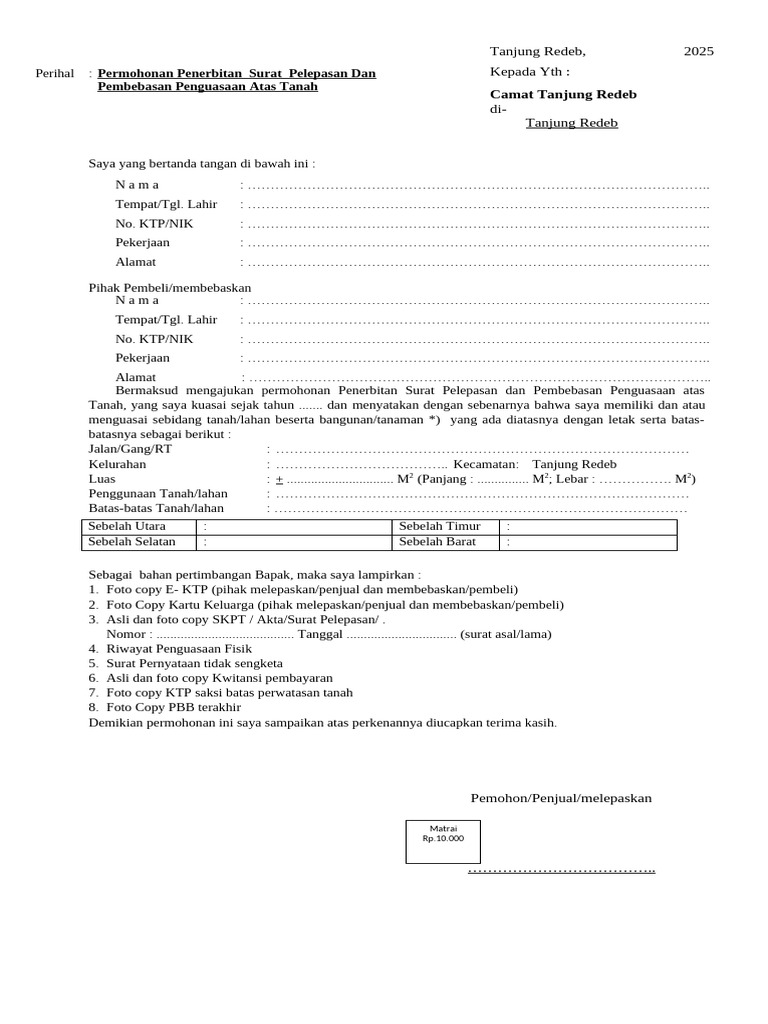 BLANKO KOSONG FORMULIR PERMOHONAN PELEPASAN KEC - TANJUNG REDEB - Copy ...