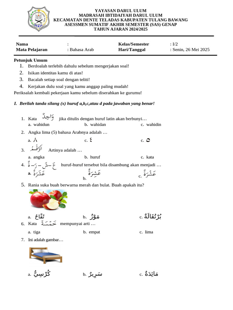Soal SAS Bahasa Arab Kelas 1 2025 | PDF