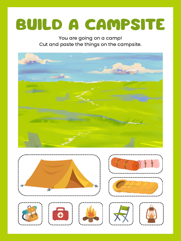 Build A Campsite Cut and Paste Worksheet in Green Illustrative Style | PDF