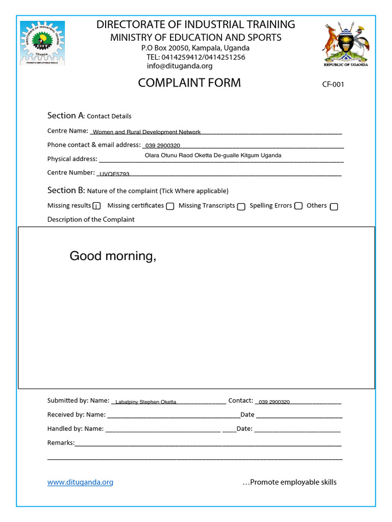 Urbra Complaint Form Submission Guide | PDF