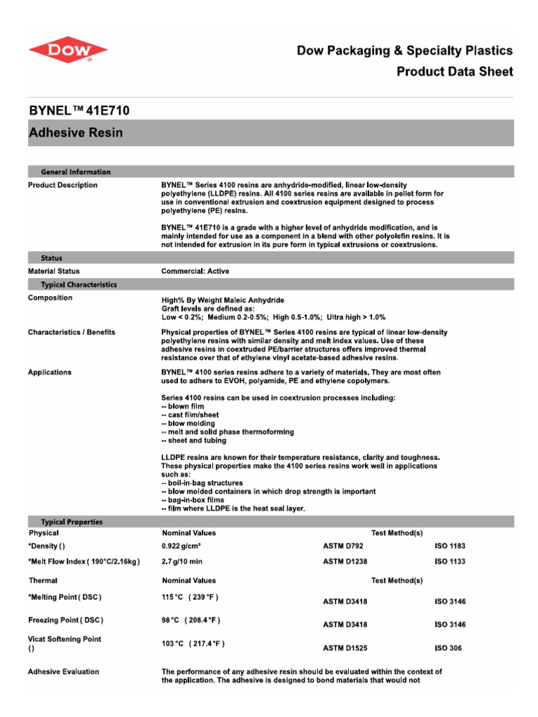 Bynel 41e710 Adhesive Resin Tds | PDF