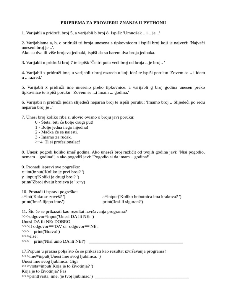 PRIPREMA ZA PROVJERU ZNANJA U PYTHONU 1 Dio | PDF